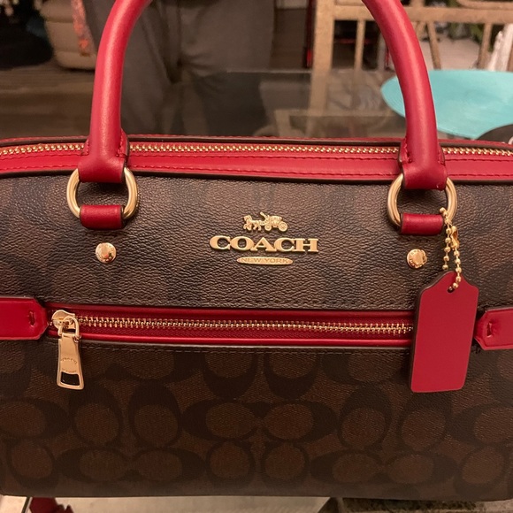 Coach | Bags | Coach Rowan Satchel In Signature Canvas Gold Brown Red ...
